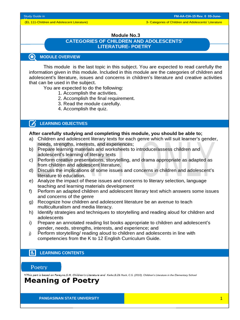 Children's Poetry Study Guide | PDF | Poetry | Children's Poetry