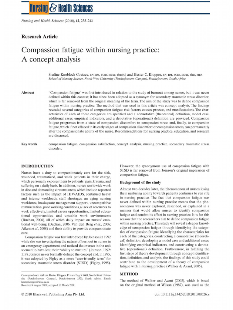 Compassion fatigue within nursing practice | PDF