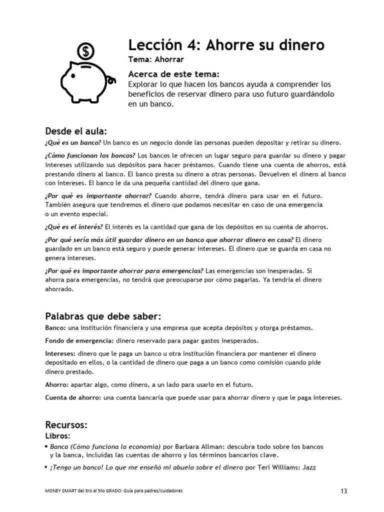 Fdic gr3 5 Parent Guide Module 4 Spanish | PDF | Bancos | Dinero