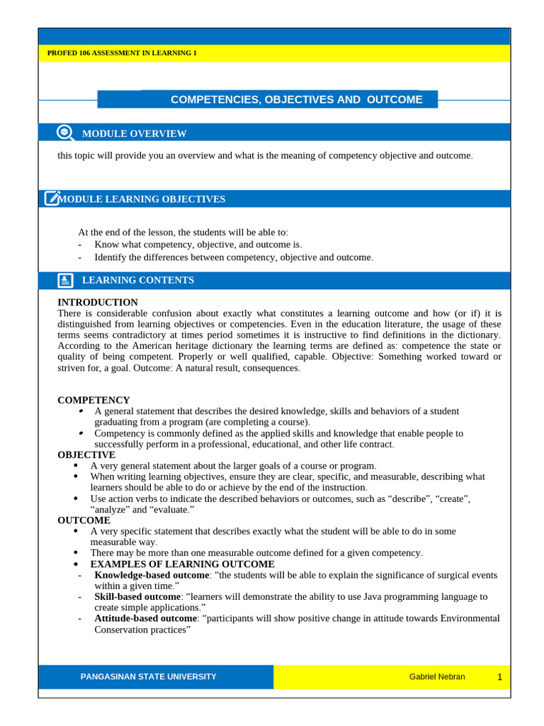 Competencies, Objectives and Outcome | PDF | Learning | Educational ...