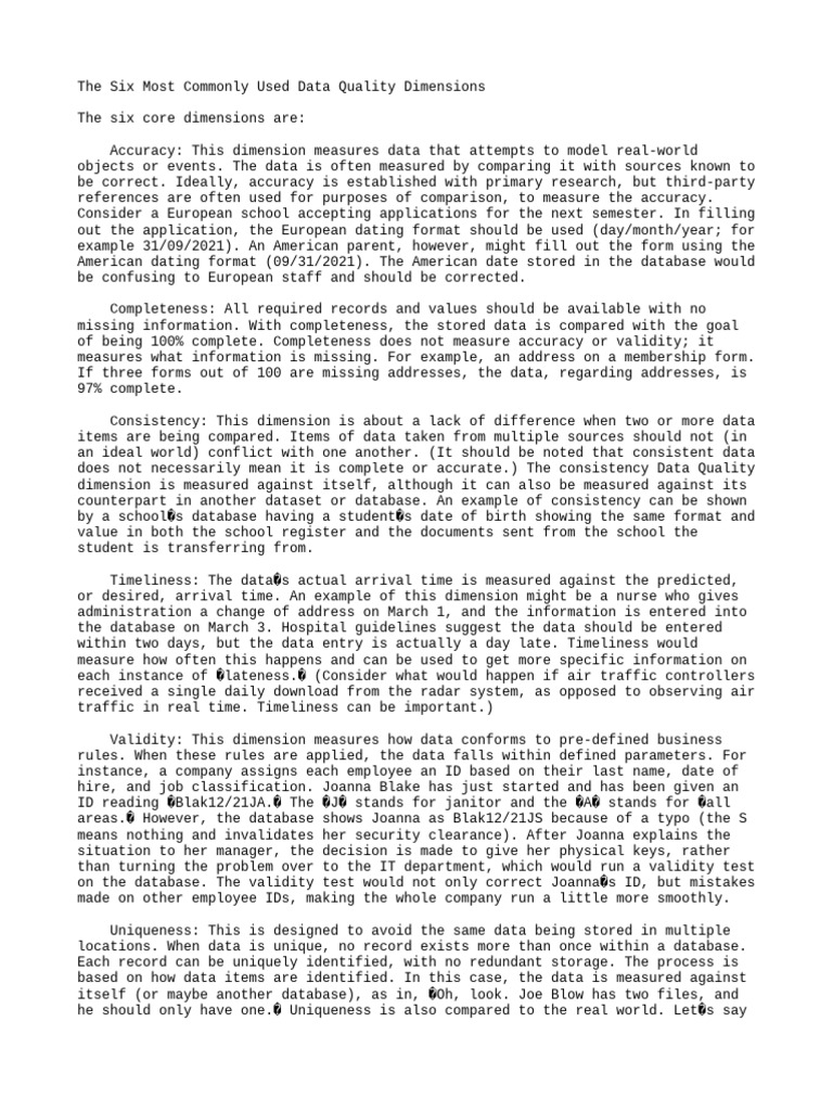 The Six Most Commonly Used Data Quality Dimensions | PDF | Accuracy And Precision | Databases