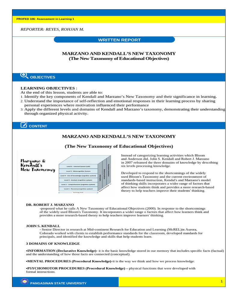 Marzano & Kendall's New Taxonomy Explained | PDF | Learning | Knowledge