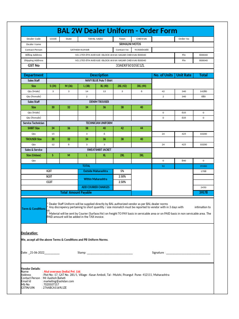 BAL Dealer Uniform Order Form | PDF | Fashion | Clothing