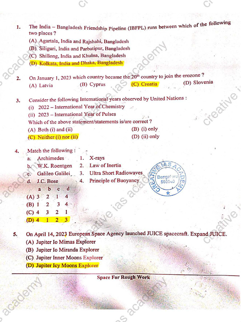 KEA FDA General Knowledge Paper Key Answer by Creative Ias Academy ...