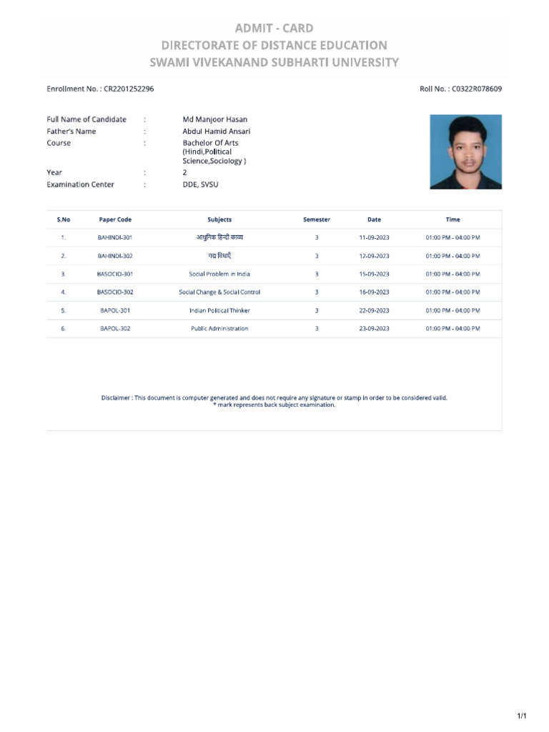 Subharti Dde Sem 3 Admit Card | PDF