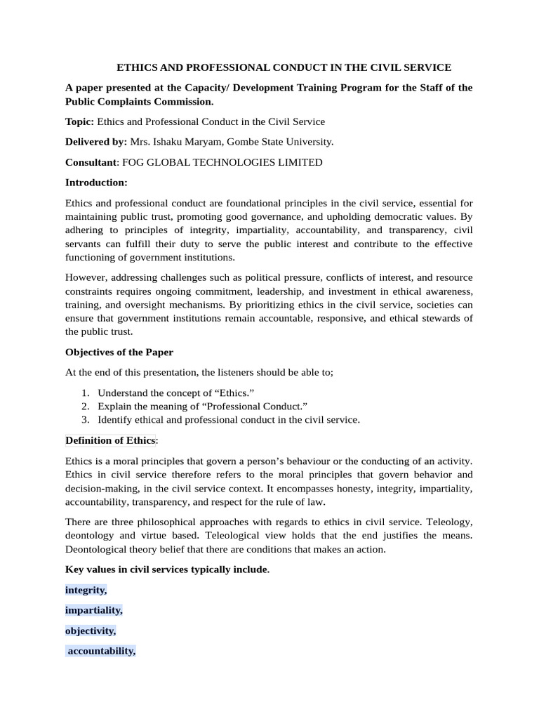 Ethics and Professional Conduct in The Civil Service | PDF | Integrity ...
