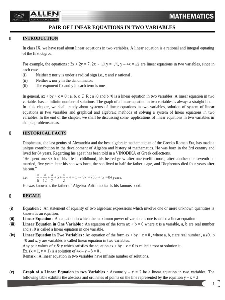 Pair of Liner Equations in Two Variables | PDF | Equations | System Of ...