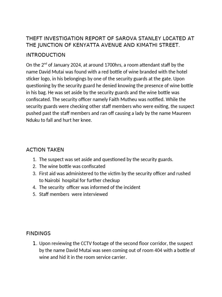 Theft Investigation Report | PDF | Security Guard | Criminal Law