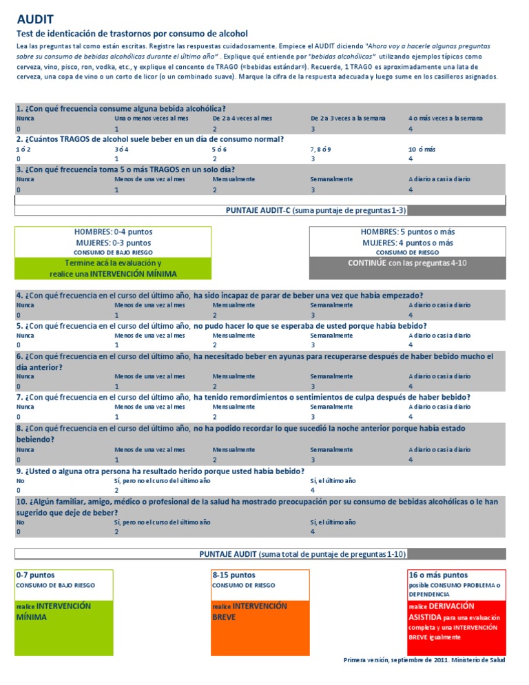 Cuestionario AUDIT-C para Evaluación de Alcohol | PDF | Bebidas ...