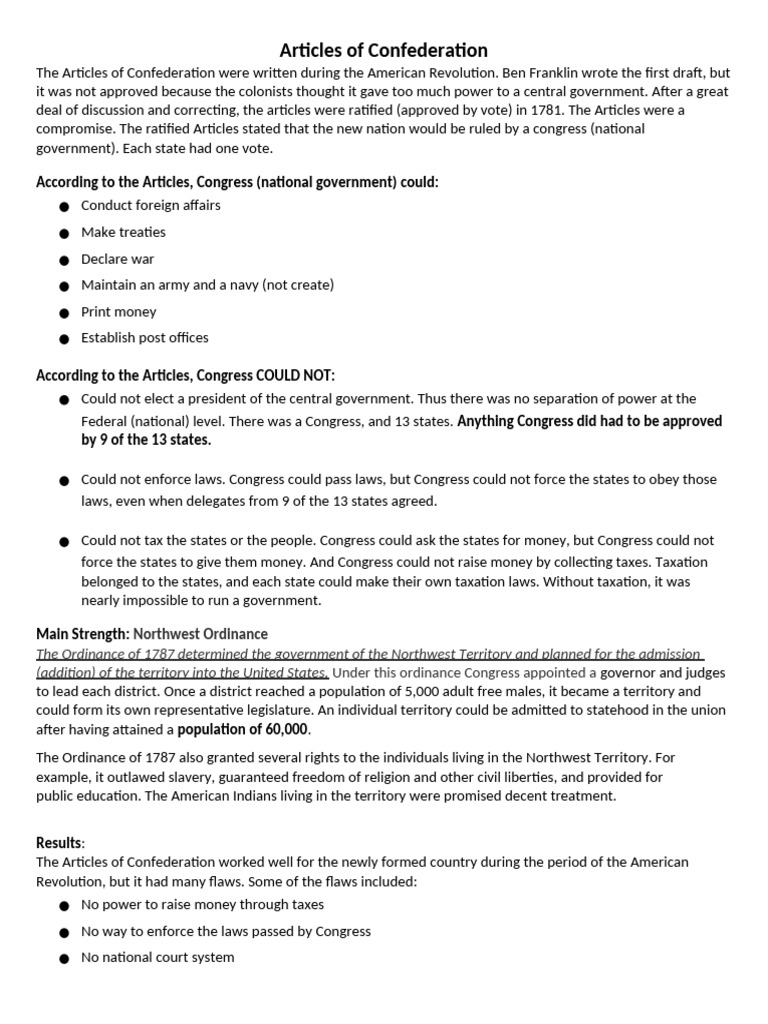 Articles of Confederation Handout | PDF | United States Congress ...