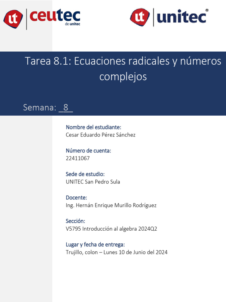 Tarea 8.1. Ecuaciones Radicales y Numeros Complejos. | PDF | Ciencia y matemáticas | Informática