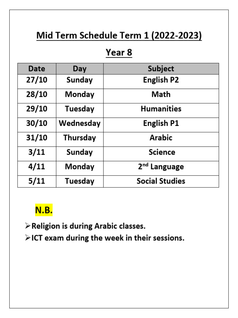 Year 8 Mid Term Schedule | PDF