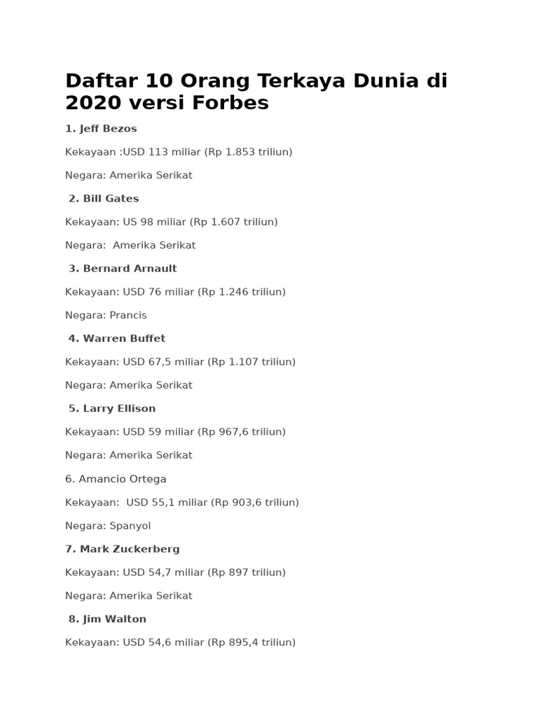 Daftar 10 Orang Terkaya Dunia Di 2020 Versi Forbes | PDF