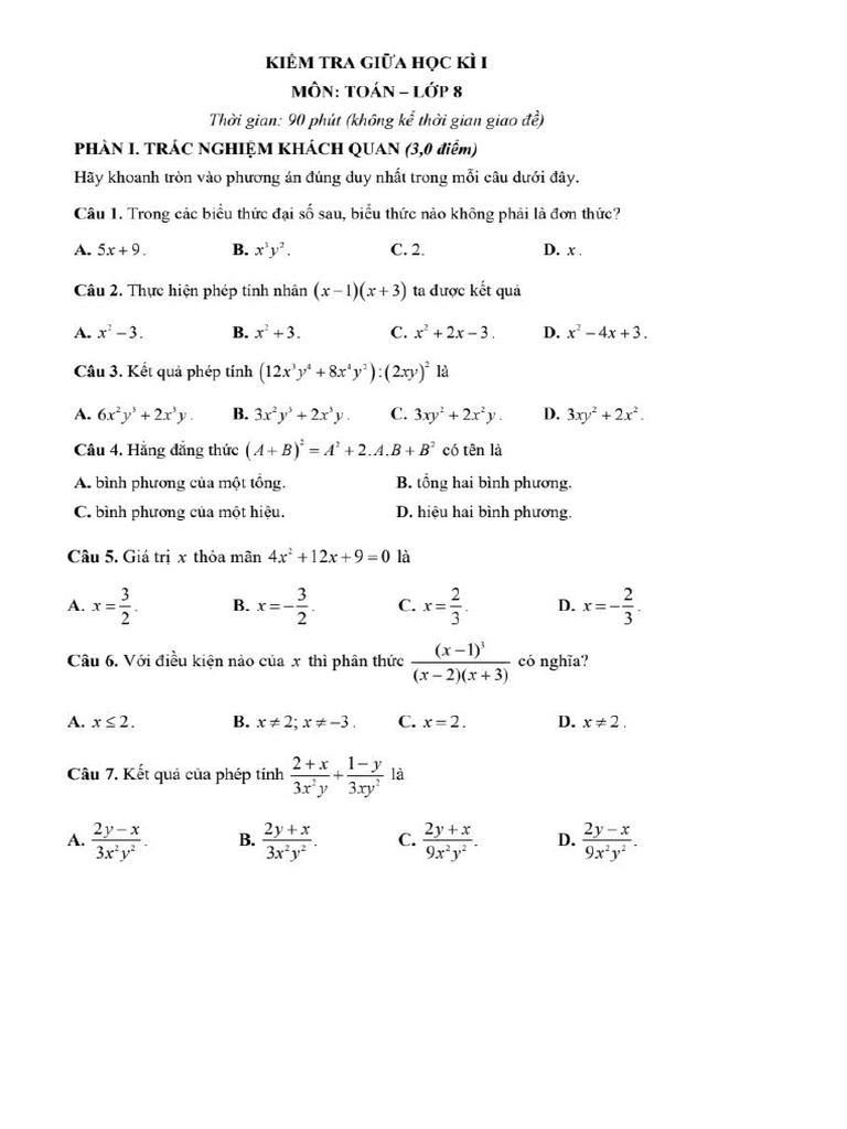 de kiem tra giua ki 1 toan 8 | PDF