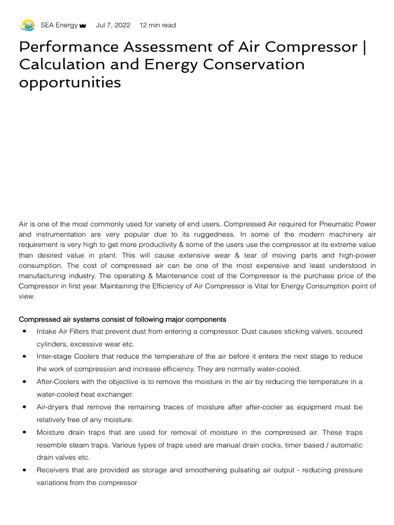 Performance Assessment of Air Compressor - Calculation and Energy ...