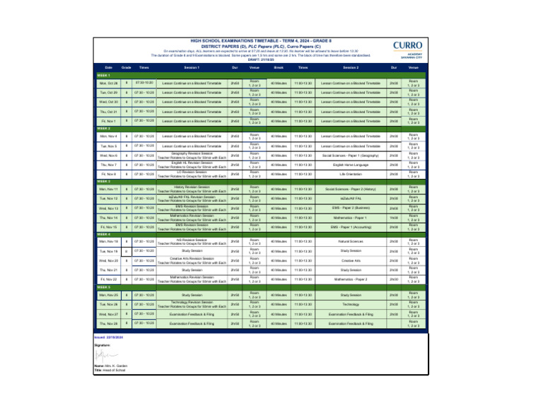 Grade 8 Term 4 Exam Timetable 2024 | PDF