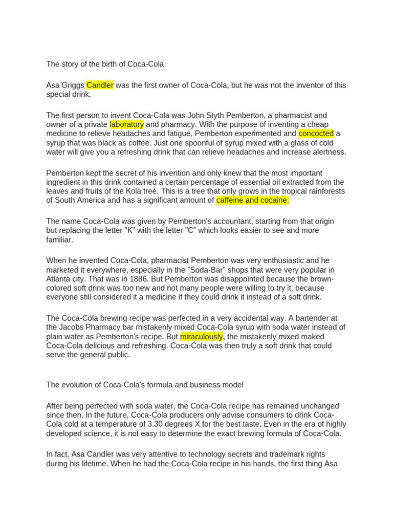 The Story of The Birth of Coca | PDF | Coca Cola | Drink