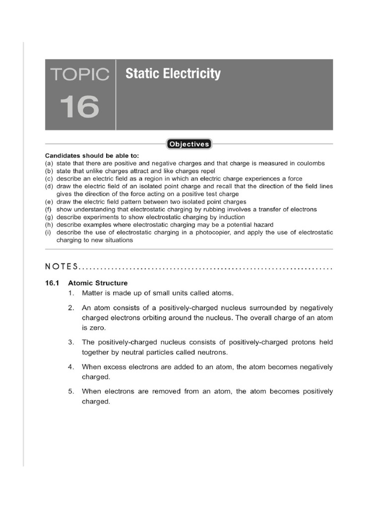 Static Electricity summarised notes | PDF