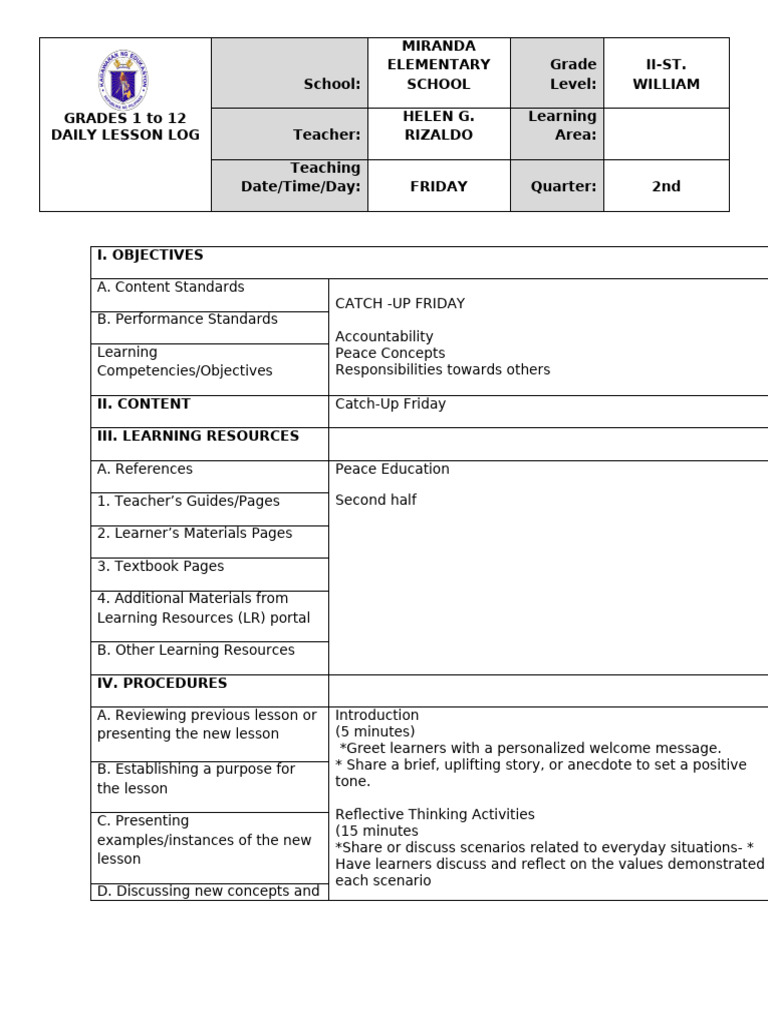 DLL Catch Up Fridays Peace ED | PDF | Learning | Teachers