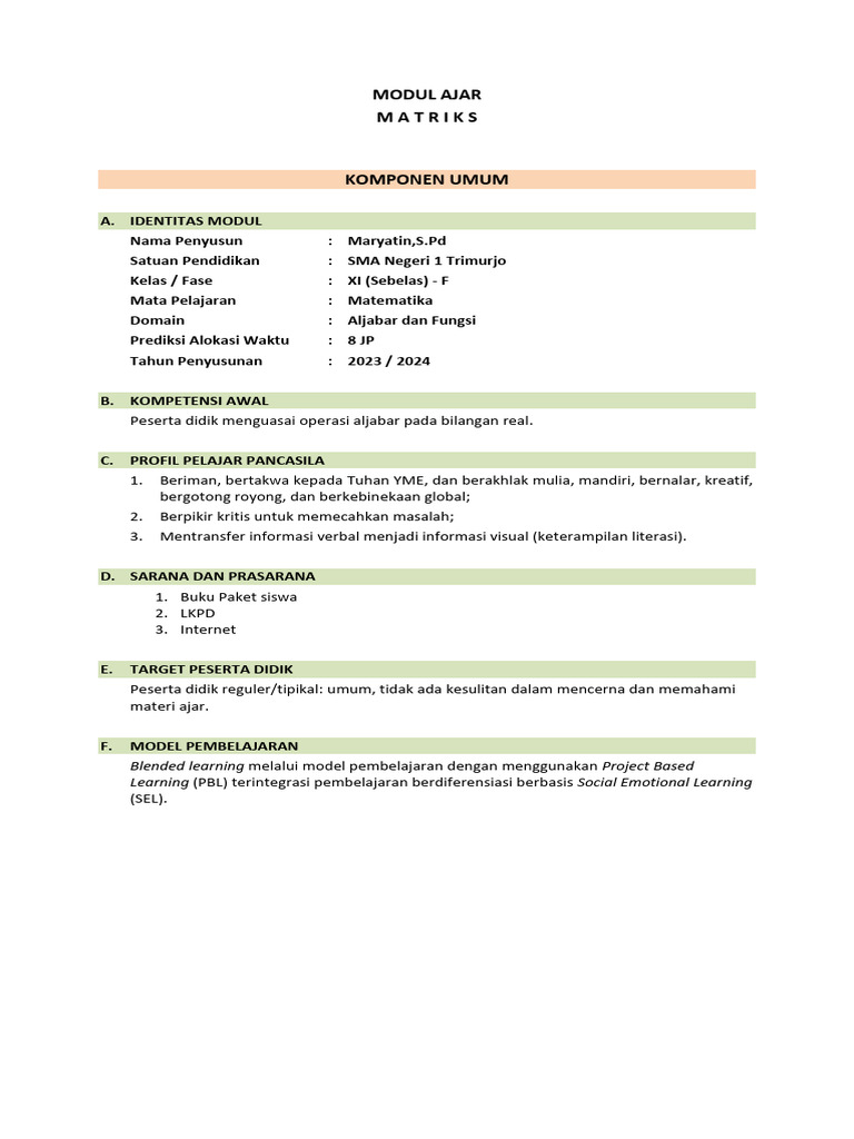 Modul Ajar - MATRIKS - Maryatin | PDF