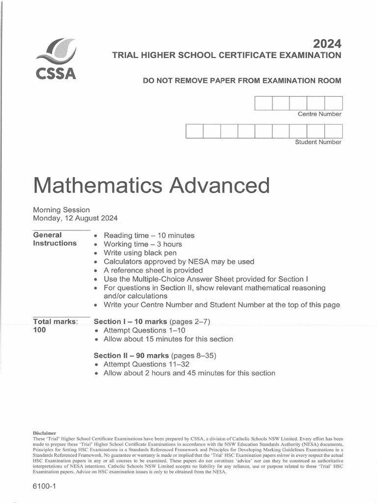 2024 CSSA Mathematics Advanced Trial HSC Examination | PDF