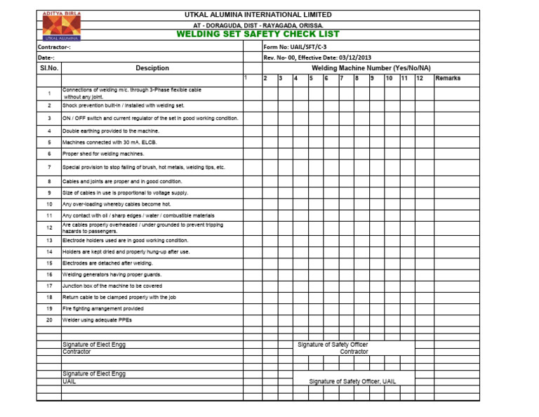 Welding Safety Checklist PDF | PDF | Welding | Construction