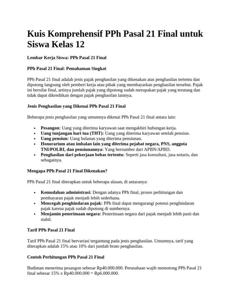 Kuis Komprehensif PPH Pasal 21 Final Untuk Siswa Kelas 12 | PDF