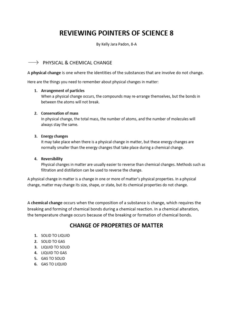 Reviewing Pointers of Science 8 | PDF | Chemistry | Chemical Compounds