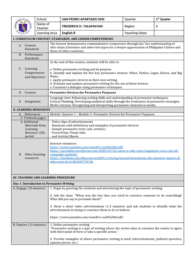 Eng 8 - Semi Detailed Lesson Plan 5E | PDF | Learning | Advertising