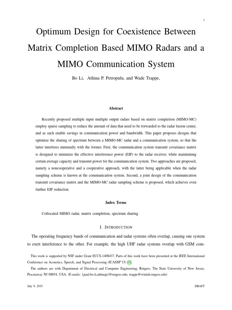 Ref - 219 - Optimum - Codesign - For Spectrum - Sharing - BW - Matrix Completion - MIMO - radar ...