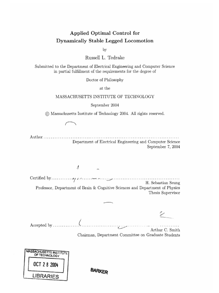 Applied Optimal Control For: Dynamically Stable Legged Locomotion | PDF | Walking | Control Theory