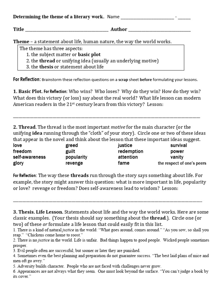 Determining Theme Worksheet | PDF | Destiny