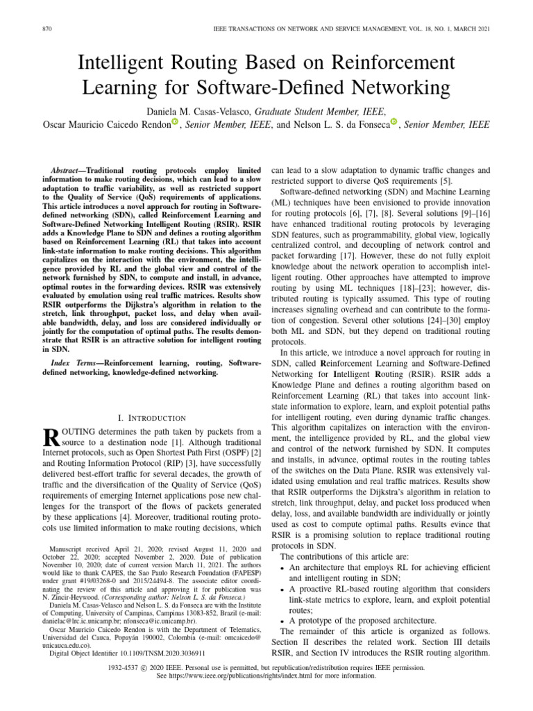 1 Intelligent Routing Based On Reinforcement Learning For Software-Defined Networking | PDF ...