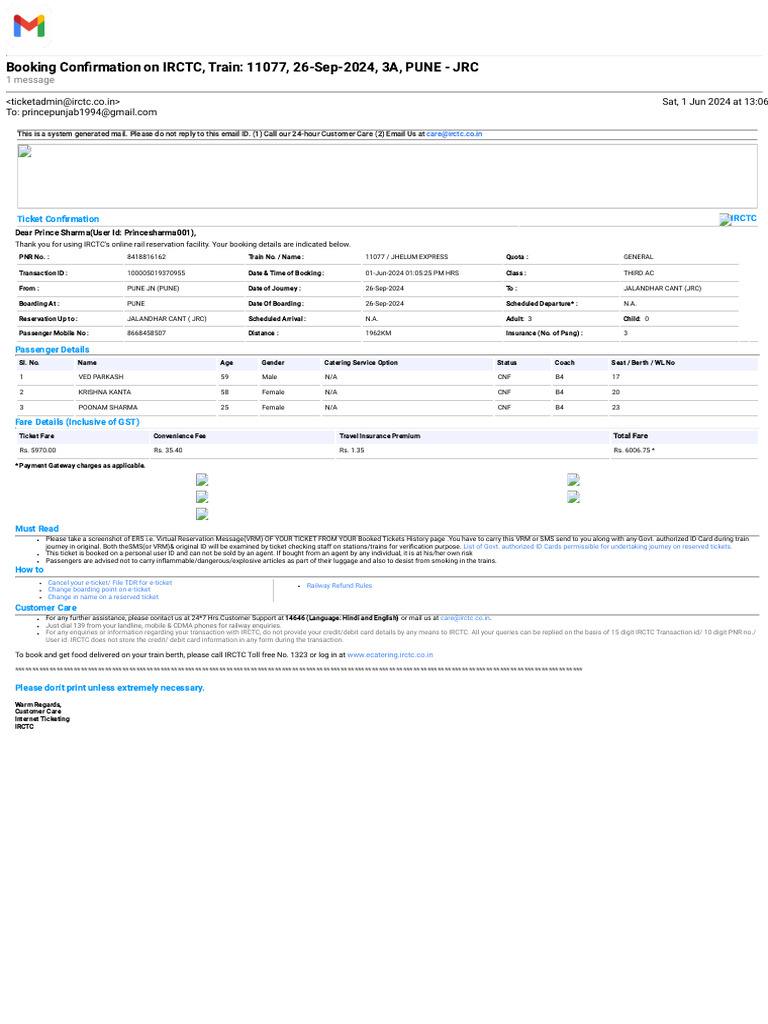 Gmail - Booking Confirmation On IRCTC, Train - 11077, 26-Sep-2024, 3A ...