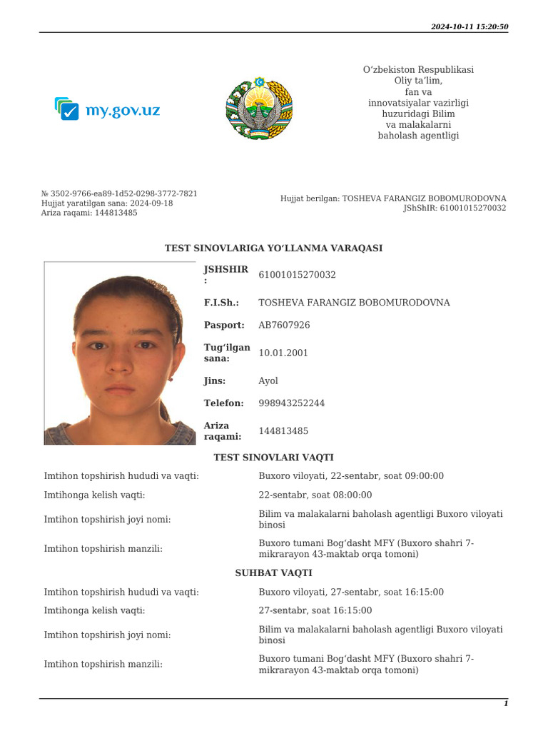 Test Sinovlariga Yo Llanma Varaqasi Jshshir: F.I.Sh.: Pasport: Tug ...