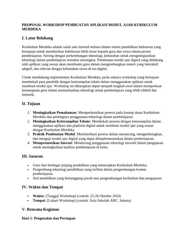 Proposal Workshop Pembuatan Aplikasi Modul Ajar Kurikulum Merdeka | PDF