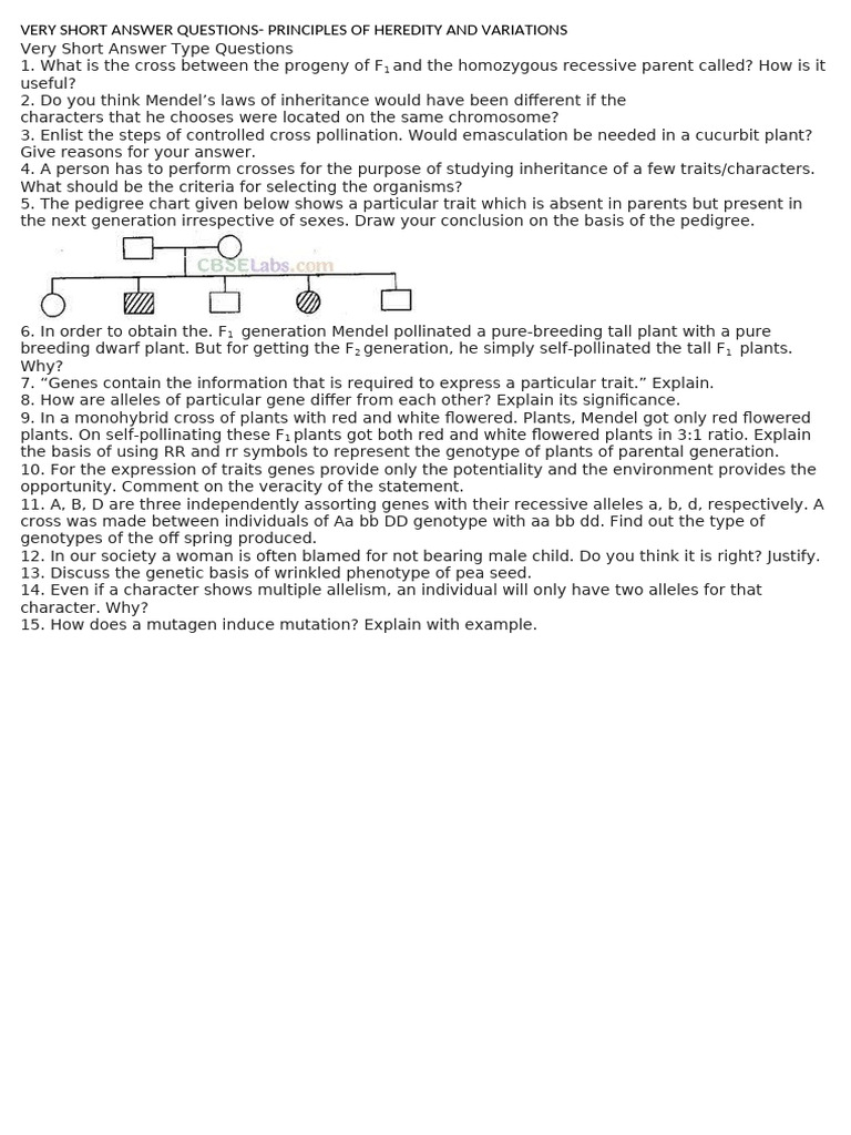 VERY SHORT ANSWER QUESTIONS-Principles of Heredity and Variations | PDF ...