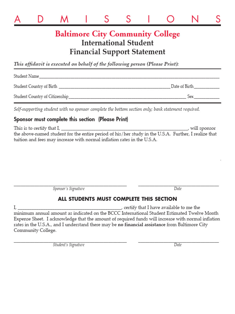 BCCC Application For F1 - Financial Support Form | PDF