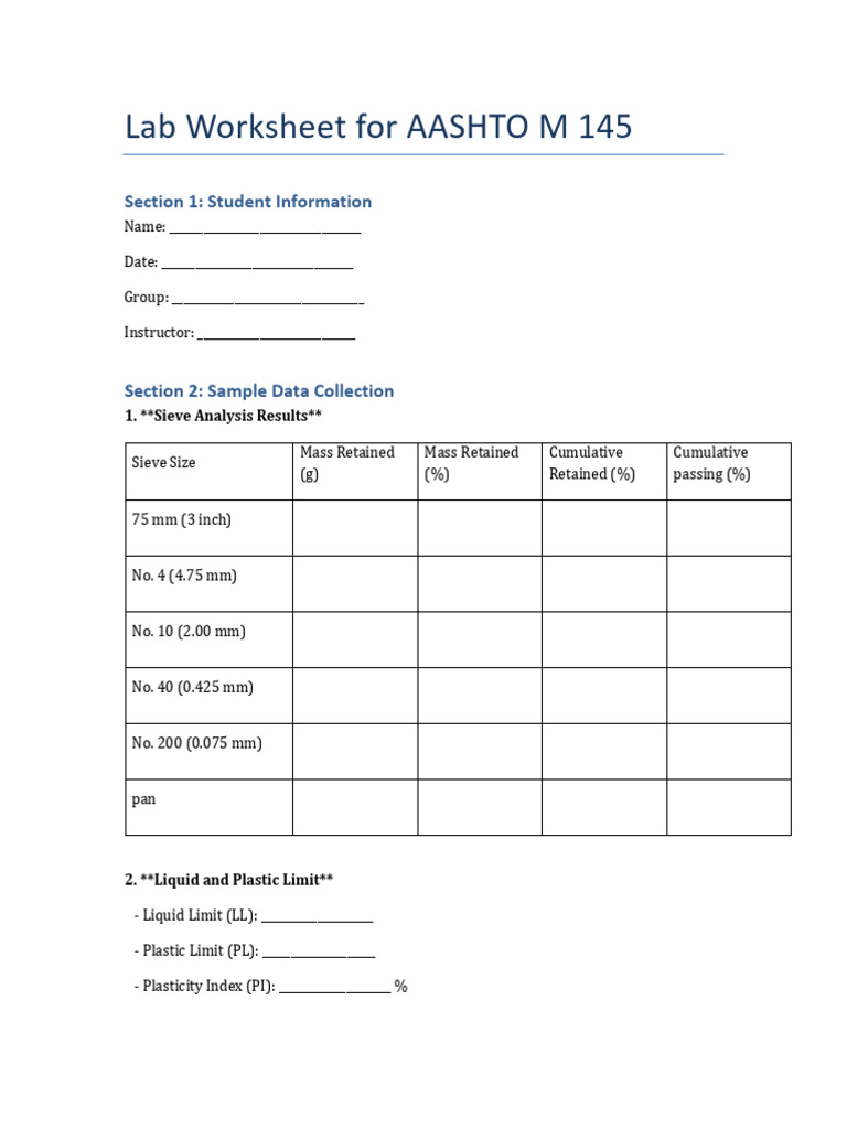 AASHTO M145 Lab Worksheet | PDF | Business | Technology & Engineering