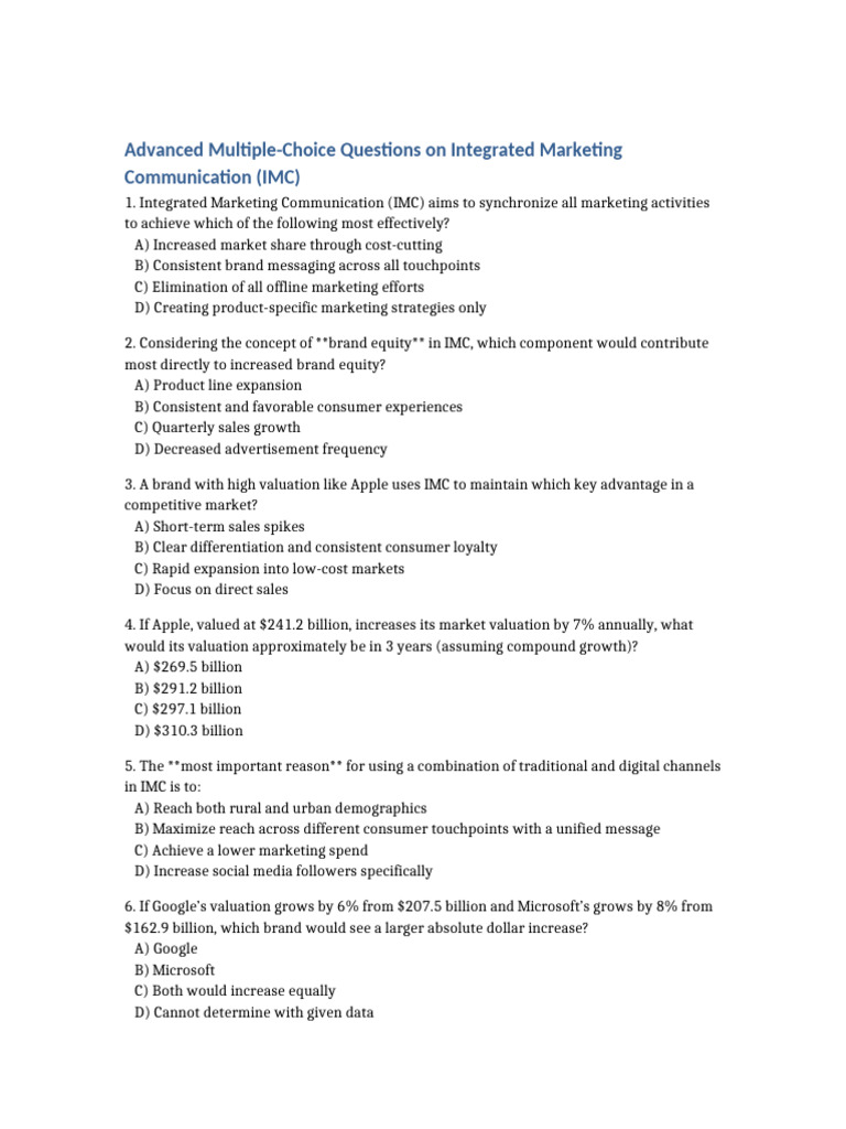 Advanced IMC Multiple Choice Questions With Answers | PDF | Brand ...