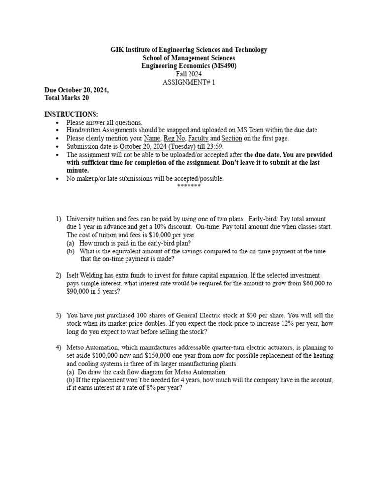 MS490 F2024 Assignment No. 1 | PDF | Technology & Engineering