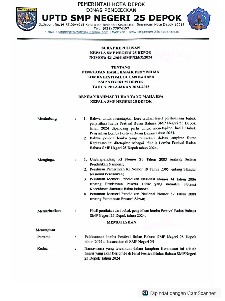 Pengumuman Finalis Lomba Festival Bulan Bahasa SMPN 25 Depok | PDF