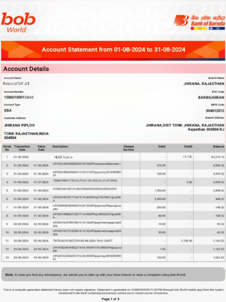 01-08-2024 To 31-08-2024 Statment | PDF