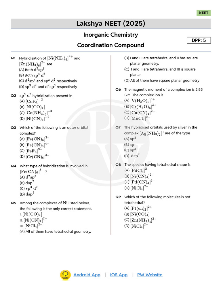 Coordination Compound DPP 05 (Of Lecture 07) | PDF | Coordination Complex | Sets Of Chemical ...
