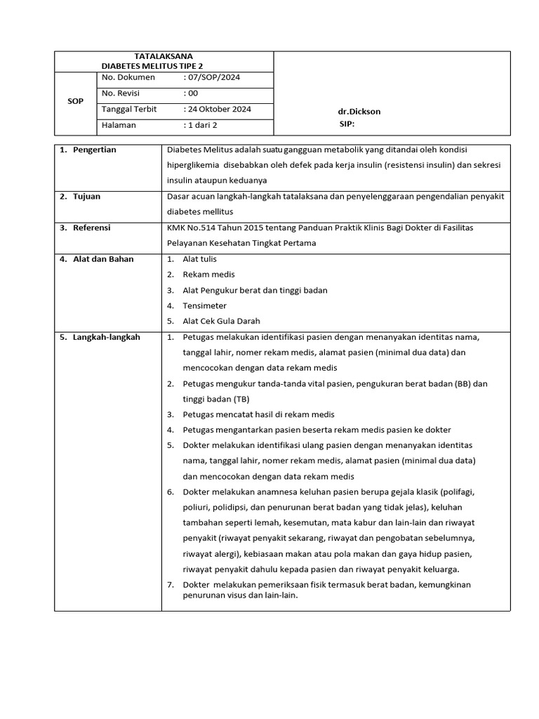 SOP Tatalaksana DM Tipe II TPMD DR Dickson | PDF