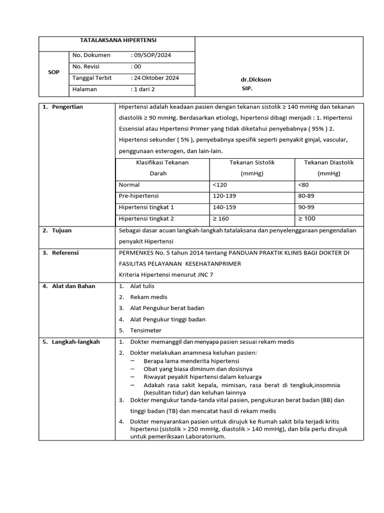 SOP Tatalaksana Hipertensi TPMD DR Dickson | PDF | Pengembangan Diri