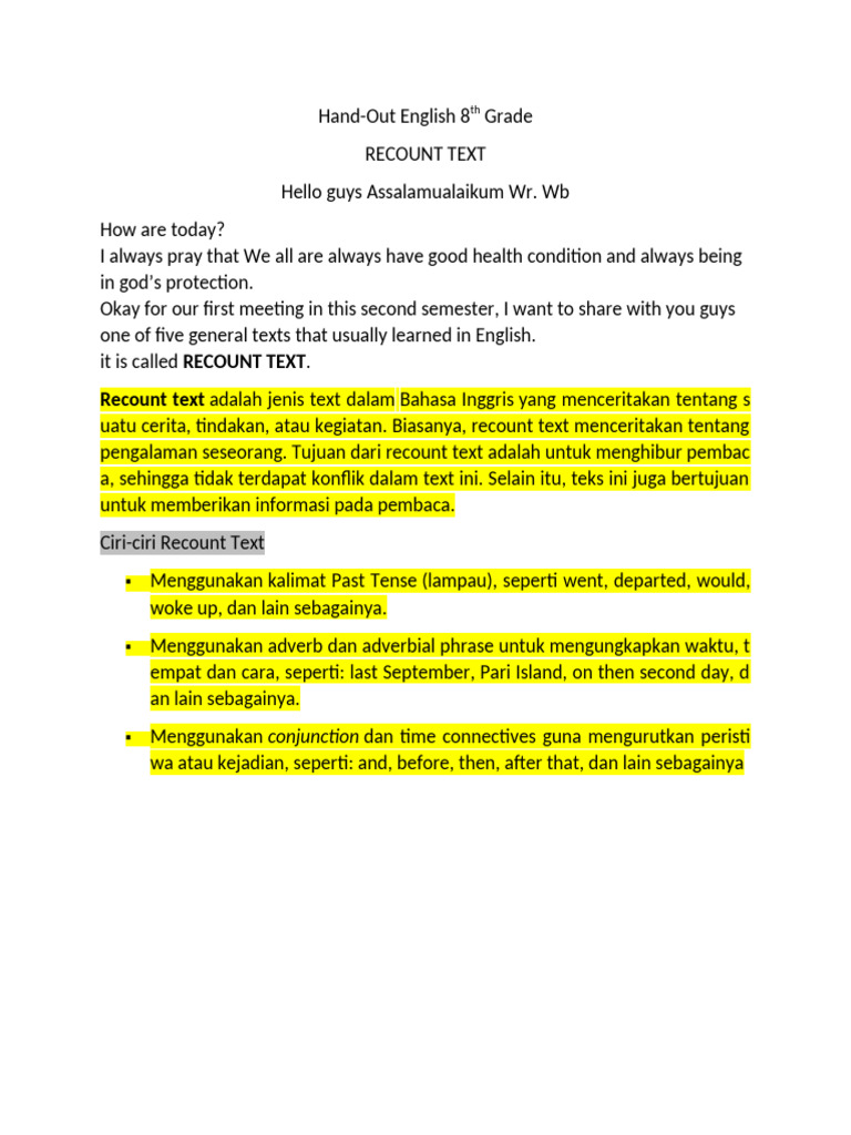 HandOut & Task of Recount Text 8th Grade | PDF | Kajian Bahasa Asing