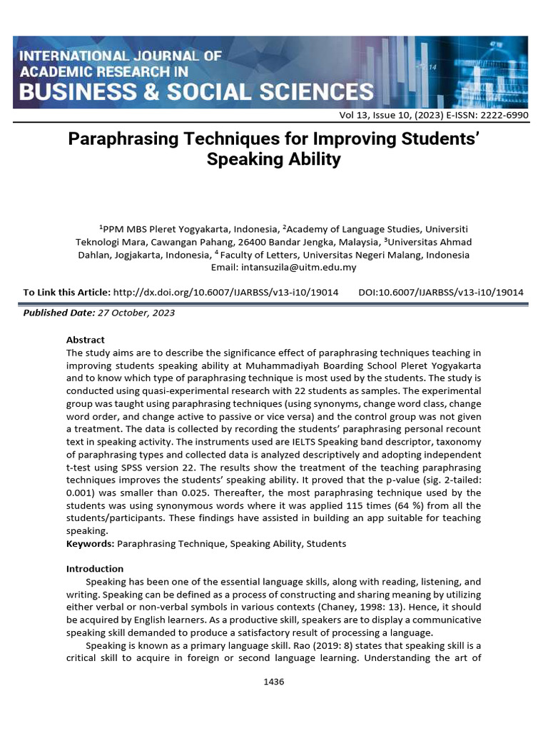 Paraphrasing Techniques For Improving Students Speaking Ability | PDF ...