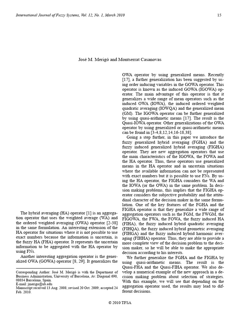 Fuzzy Generalized Hybrid Aggregation Operators and | PDF | Mean | Fuzzy Logic