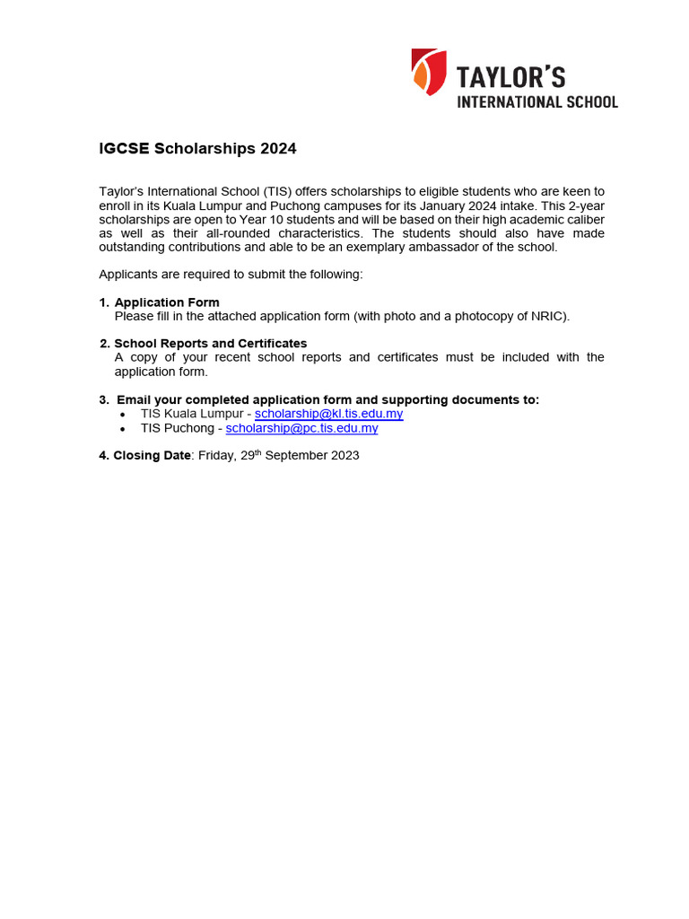 IGCSE Scholarships 2024 Application Guide | PDF